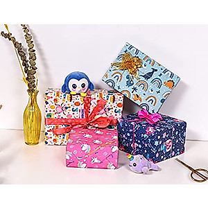 ZINTBIAL Birthday Wrapping Paper for Boys Girls Kids Baby Shower - Gift Wrapping Paper with Rainbow Dinosaur, Pink Unicorn, Blue Mermaid, Monster - 20 x 29 Inches per Sheet (8 Folded Sheets), Recyclable, Easy to Store, Not Rolled