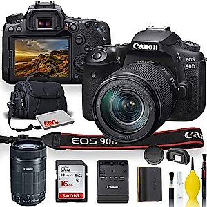 Canon EOS 90D DSLR Camera with 18-135mm Lens, Canon EF-S 55-250mm f/4-5.6 is STM Lens, Soft Padded Case, Memory Card, and More (Renewed)