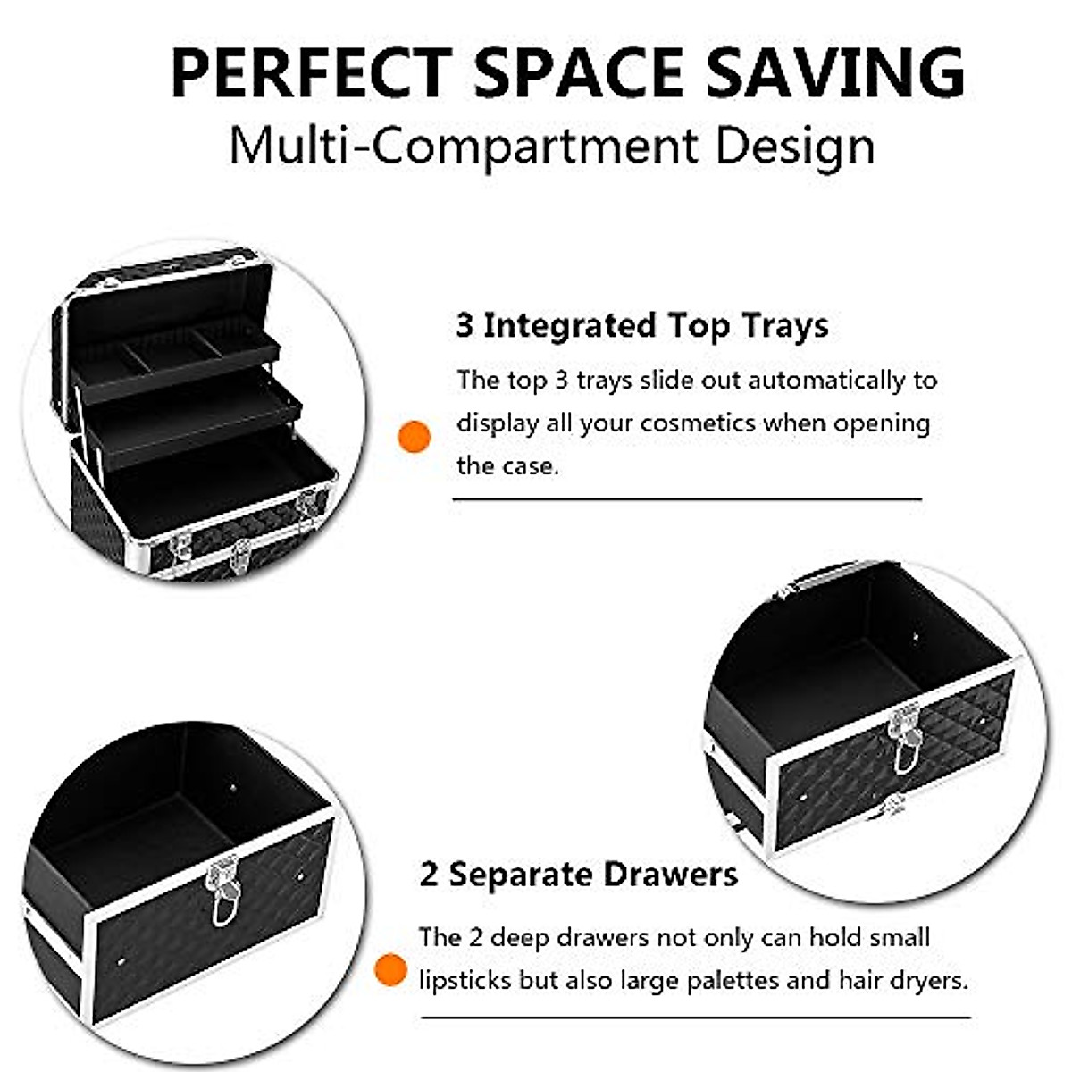 mefeir Aluminum Rolling Makeup Train Case, Portable Makeup Organizer Suitcase, Cosmetic Storage Box, Travel Beauty Luggage Trolley Lockable w/4 Removable Wheels & 2 Sliding Drawers (Black)