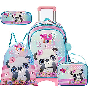 Meetbelify Rolling Backpack for Girls 5 in 1 Panda Elementary Student School Backpacks with Wheels Trip Luggage 17 inch kids Laptop Bag with Lunch Box for Teen Girls