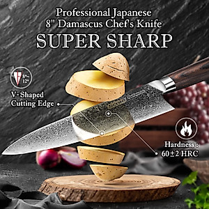 SCOLE® Chef Knife Bundle - Razor Sharp Chefs Knife 8 Inch VG-10 Super Damascus Steel (Natural Pakka Wood Handle) + Ultra Sharp Kitchen Knife Set 7-Piece (Triple Rivet Handle) (2 Items Bundle)
