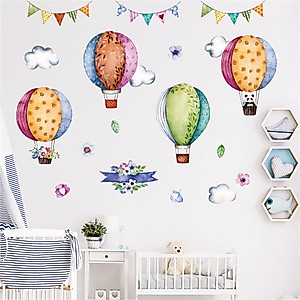 WAFT YEARN Waterproof Removable Vinyl PVC Hot Air Balloon Flower Wall Decal Wall Sticker Decor Bedroom Bathroom Nursery Kidsroom School Classroom Livingroom