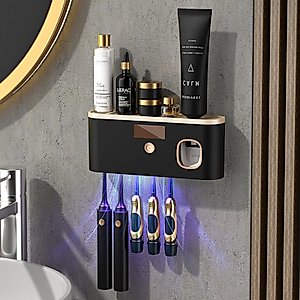 Toothbrush Holders Wall Mounted for Bathrooms, Toothbrush Holder with Automatic Toothpaste Dispenser, Electric Toothbrush Holder with Solar Charging, Toothbrush Organizer with 5 Brush Slots (Black)