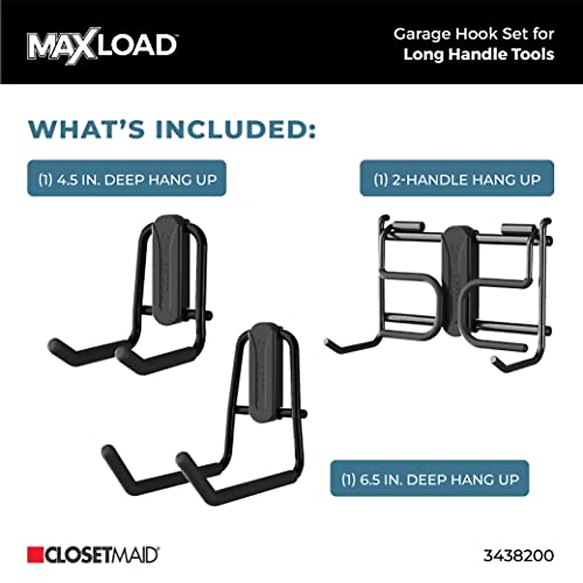 ClosetMaid MaxLoad 3-Pack Garage Hooks & Hangers Wall Mount Heavy Duty Storage for Long Handle Tools, Cords, Hoses, Shovels, Rakes, Brooms, Black