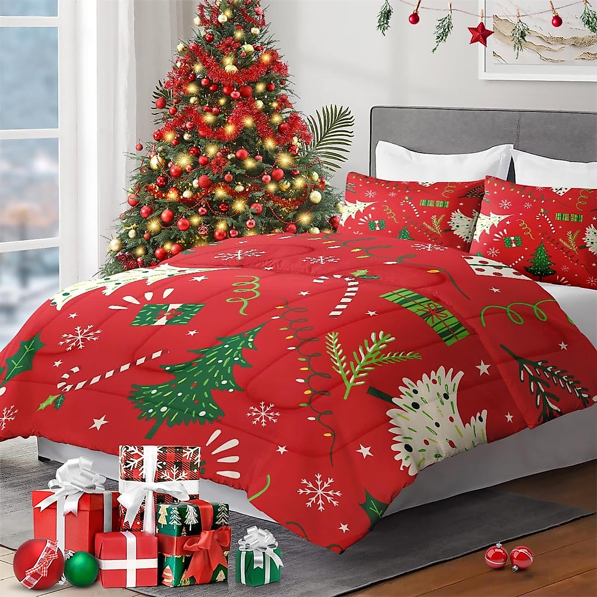 WeCozy Twin Size Comforter Set with Pillowcase, Red Merry Christmas Green Tree Soft 2 Pcs Bedding Set for Kids and Adults Bedroom Bed Decor