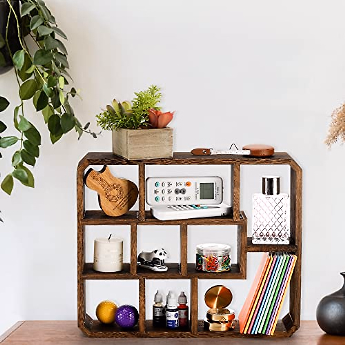 Frcctre Rustic Shadow Box Display Shelf, 9 Compartments Wood Hanging Display Shelf Floating Shelf, Multi-Slot Wall Mounted or Freestanding Farmhouse Decor Display Case