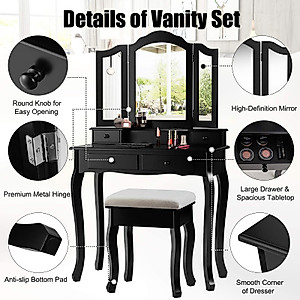 MAT EXPERT Vanity Desk Set with Mirror and Drawer, Dressing Table w/Cushioned Stool, Dressing Table w/4 Drawers, Modern Tri-Folding Mirror Vanities for Washroom/Bedroom/Nursery Room (Black)