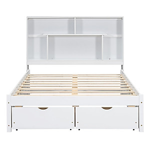 Harper & Bright Designs Full Platform Bed with Storage Headboard & 2 Drawers, Wooden Full Storage Bed Frame with Sturdy Slat Support for Kids Teens Adults, White