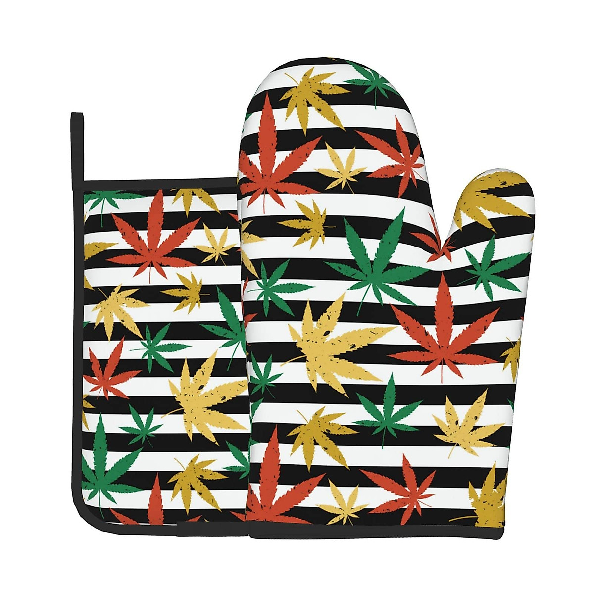 Oven Mitts and Pot Holders Sets Colorful Weed Oven Gloves Heat Resistant Potholders Washable Non-Slip BBQ Gloves with Hanging Loop for Women Men Kitchen Baking Cooking Grilling