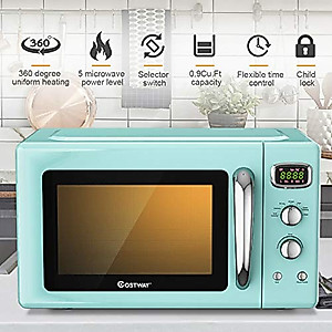 COSTWAY Retro Countertop Microwave Oven, 0.9Cu.ft, 900W Microwave Oven, with 5 Micro Power, Defrost & Auto Cooking Function, LED Display, Glass Turntable and Viewing Window, Child Lock