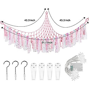 Stuffed Animal Net or Hammock with LED Light, Toy Hammock Hanging Stuffed Animal Storage Organizer Holder Room Décor with Tassels for Nursery Play Room Kids Bedroom (Pink)