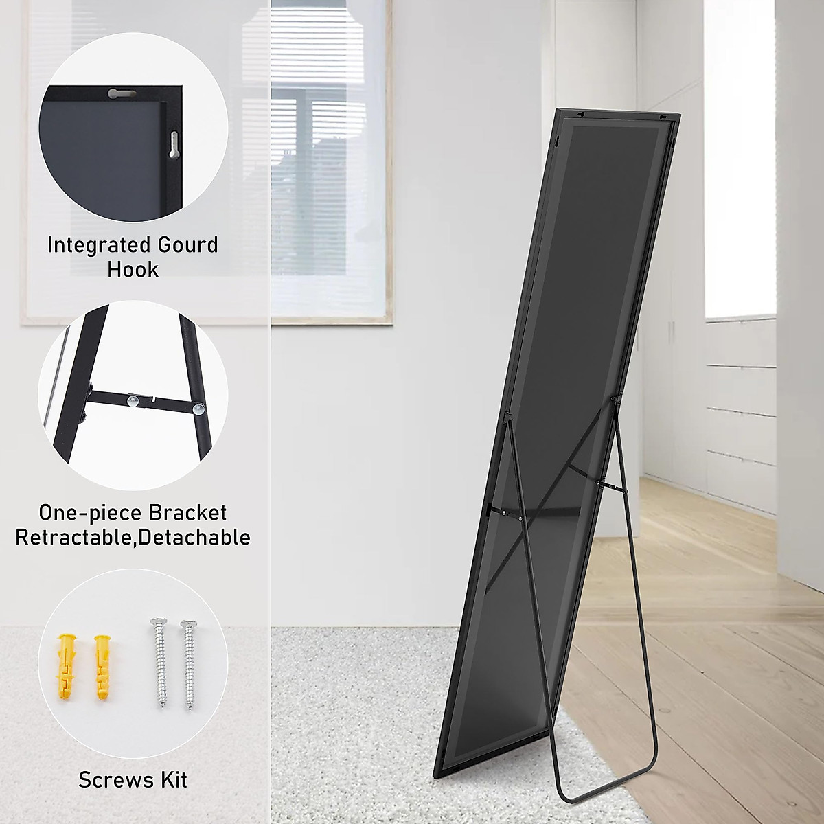 Sweetcrispy Full Length Mirror 59"x16" Full Body Floor Standing Mirror Hanging or Leaning Against Wall, Tall Wall Mirror with Stand Aluminum Alloy Frame for Bedroom Cloakroom, Black