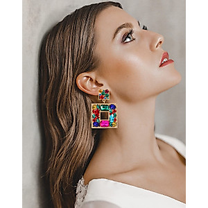 Canboer Colorful Rhinestone Square Dangle Earrings Sparkly Crystal Geometric Drop Statement Earrings Hypoallergenic for Women Party Prom