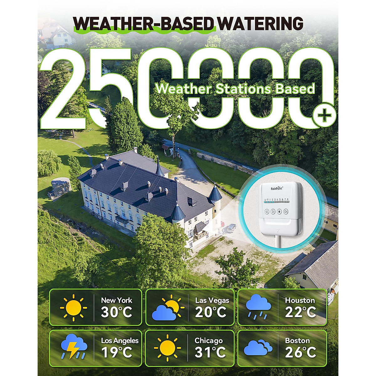 RAINPOINT 8 Zone Smart Sprinkler Controller - Local Weather Intelligence WiFi Sprinkler System Controller, Easy Install APP Control Irrigation System, Sprinkler Timer for Garden Yard