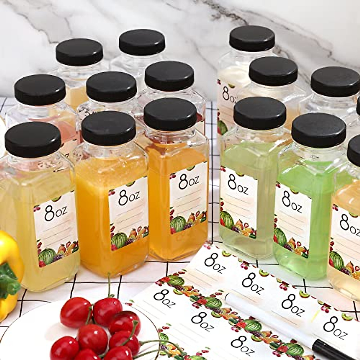 MIUKAA 30-Pack 8 oz Clear Glass Bottles with Airtight Caps, Reusable 8 oz Juicing Bottles with Black Lids, Drink Water Container Jars, Dishwash Safe
