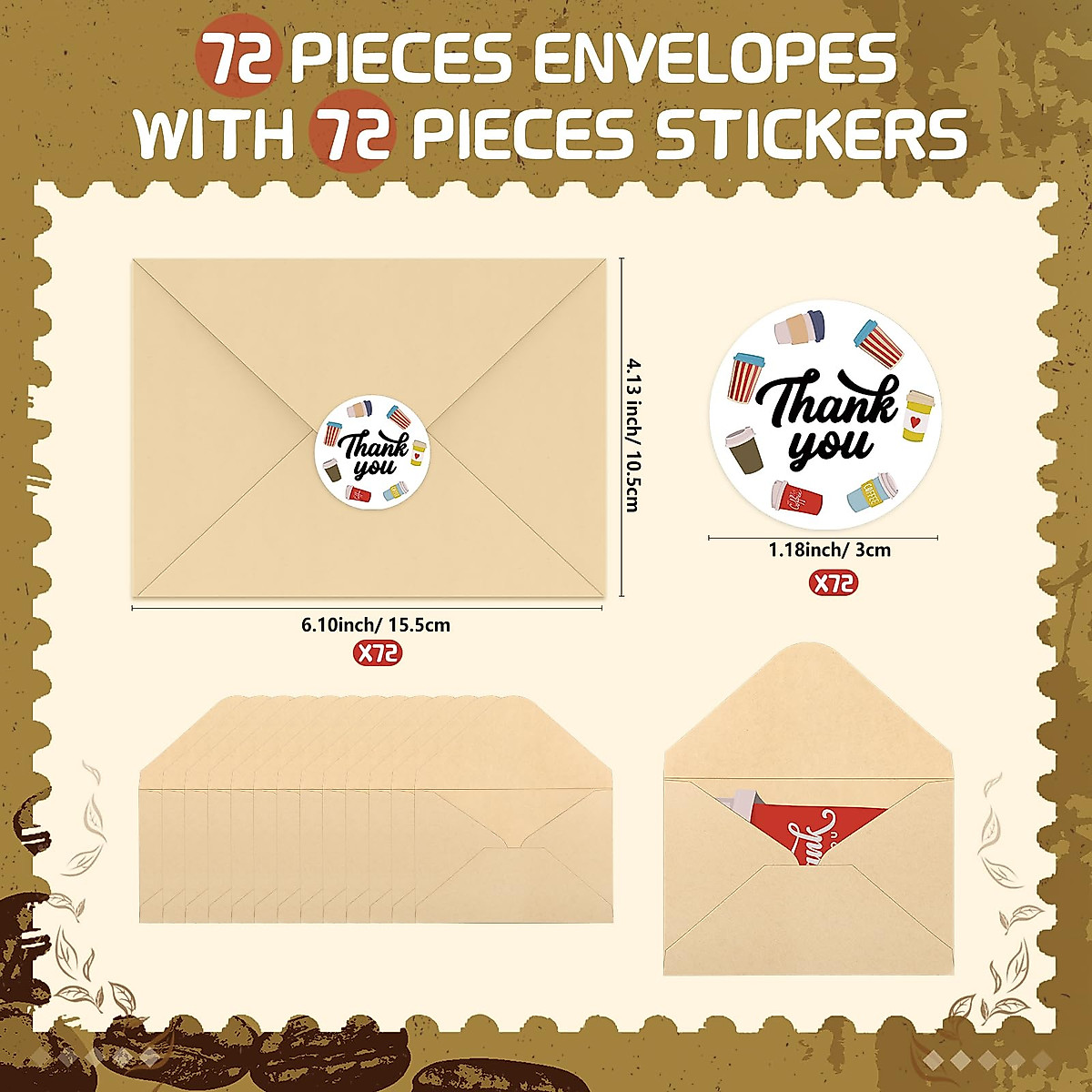Tenceur 72 Set Employee Appreciation Gifts Including 72 Coffee Cup Thank You Cards Funny Blank Coffee Greeting Cards with 72 Envelopes 72 Stickers Small Business Appreciation Card for Party Office