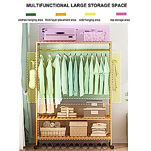 YXDFG Bamboo Clothing Rack, with Top Shelf and Shoe Clothing Storage Organizer Shelves,with Shelves Heavy Duty Rolling Clothes Coat Rack,for Hanging Clothes,Wood,100×35×165cm