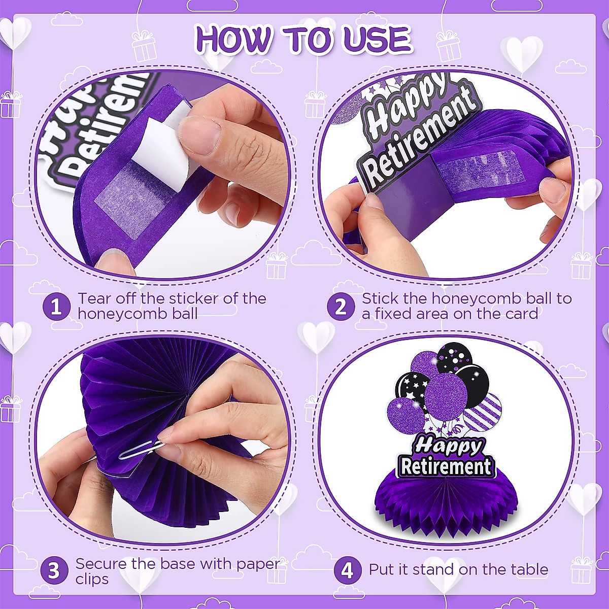8Pcs Purple Retirement Decorations Purple and Black Retirement Table Honeycomb Centerpieces for Table Decor Happy Retirement Table Topper for Women Men Office Farewell Photo Booth Props Party Supplies