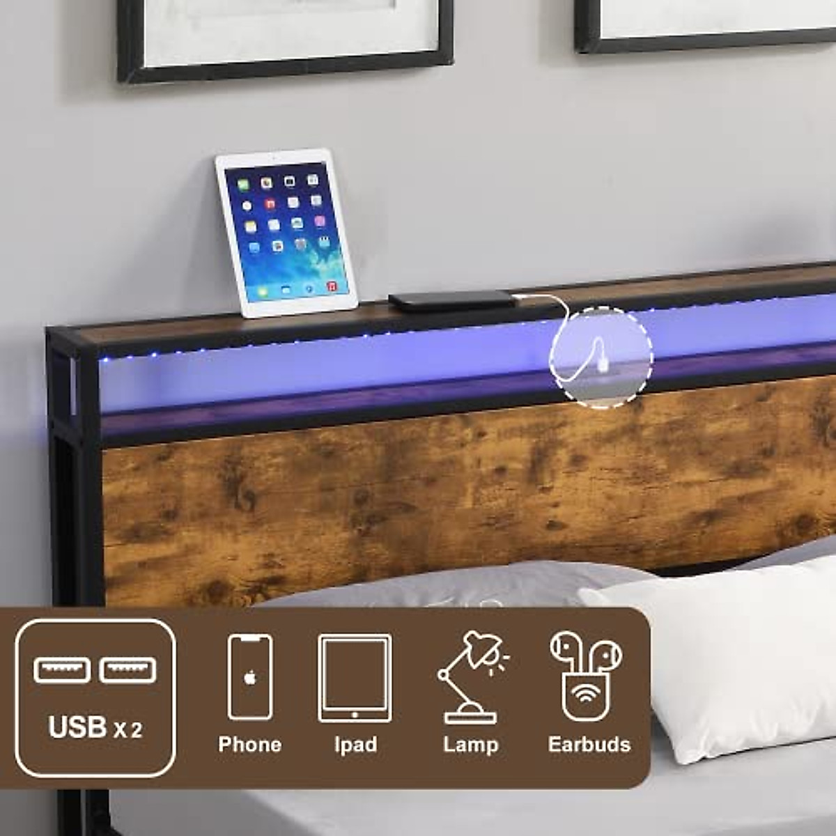 anwickjeff Modern Industrial Queen Bed Frame with LED Lights, Storage Headboard and USB Ports, Queen Size, 800lbs Capacity, Rustic Brown