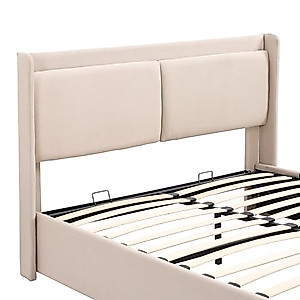 BOVZA Queen Size Lift Upholstered Platform 2 Drawers, Modern Wingback Headboard, Hydraulic Storage Bed Frame, Linen Beige