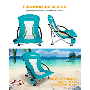 KingCamp Profile Beach, Foding Portable Lightweight Sand Chair for Big Boy with Cup Holder,Carry Bag Padded Armrest for Outdoor Camping Lawn Concert Traveling Festival, Low Back, LowBack_Cyan