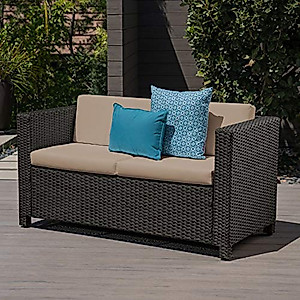 Christopher Knight Home Puerta Outdoor Wicker Loveseat with Cushions, Dark Brown / Beige Cushions