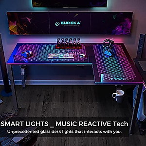 EUREKA ERGONOMIC Music Sensing RGB LED Lights Glass Gaming Desk, 60 Inch L Shaped Reversible Top, Home Office Corner Computer Studio Table Gifts GTG L60 w Cup Headset Socket Holder, Smart APP Control