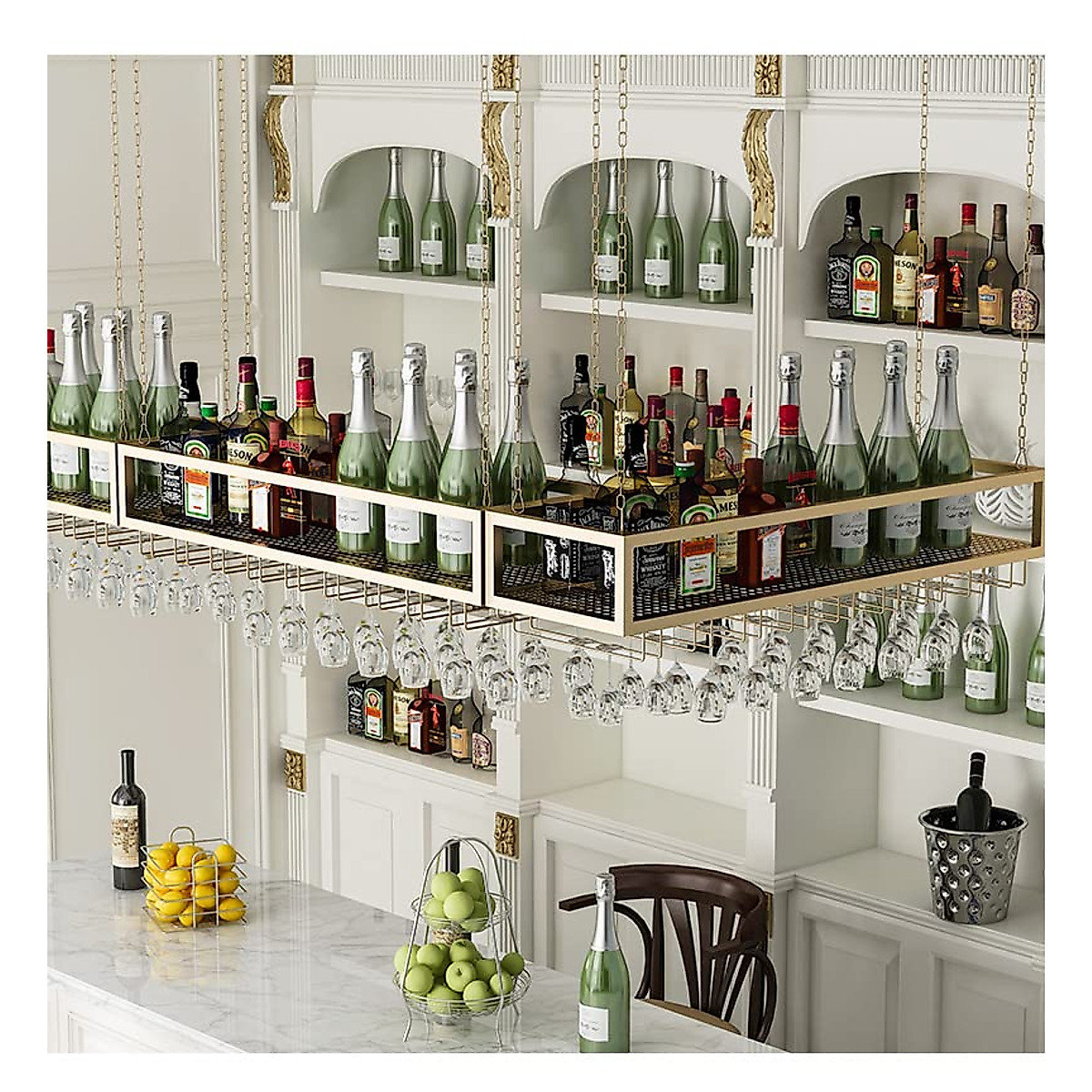 Ceiling Metal Iron Chain Wine Glass Rack, Hanging Wine Glass Holder, Adjustable Wine Rack with Glass Holder, Matte Black Stemware Rack