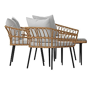 Flash Furniture Evin Boho Patio Conversation Set Rope Rattan-All-Weather Cushions-Tempered Glass Top Coffee Table-Indoor/Outdoor, 4 Piece, Natura/Gray