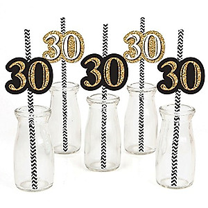 Adult 30th Birthday - Gold - Paper Straw Decor - Birthday Party Striped Decorative Straws - Set of 24