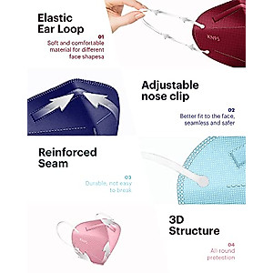 Dolce Calma KN95 Face Mask, 50 Pack Individually Wrapped, 5-Ply Breathable and Comfortable Multicolor Masks for Men and Women, Adjustable Nose Clip & Flexible Earloop KN95 Mask