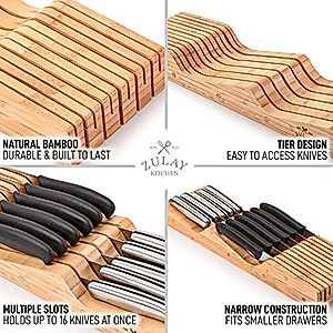 Zulay Kitchen Bamboo Knife Drawer Organizer Insert - Edge-Protecting Knife Organizer Block Holds Up To 11 Knives - Smooth Finish Drawer Knife Organizer Tray Fits In Most Drawers For Kitchen