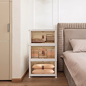 Stackable Storage Bins with Lids, MU TU HD Plastic Storage Cabinet Storage Box Collapsible Clothes Storage Containers with Doors Wardrobe Closet Organizers and Storage for Home (23.62*16.54*41.65")