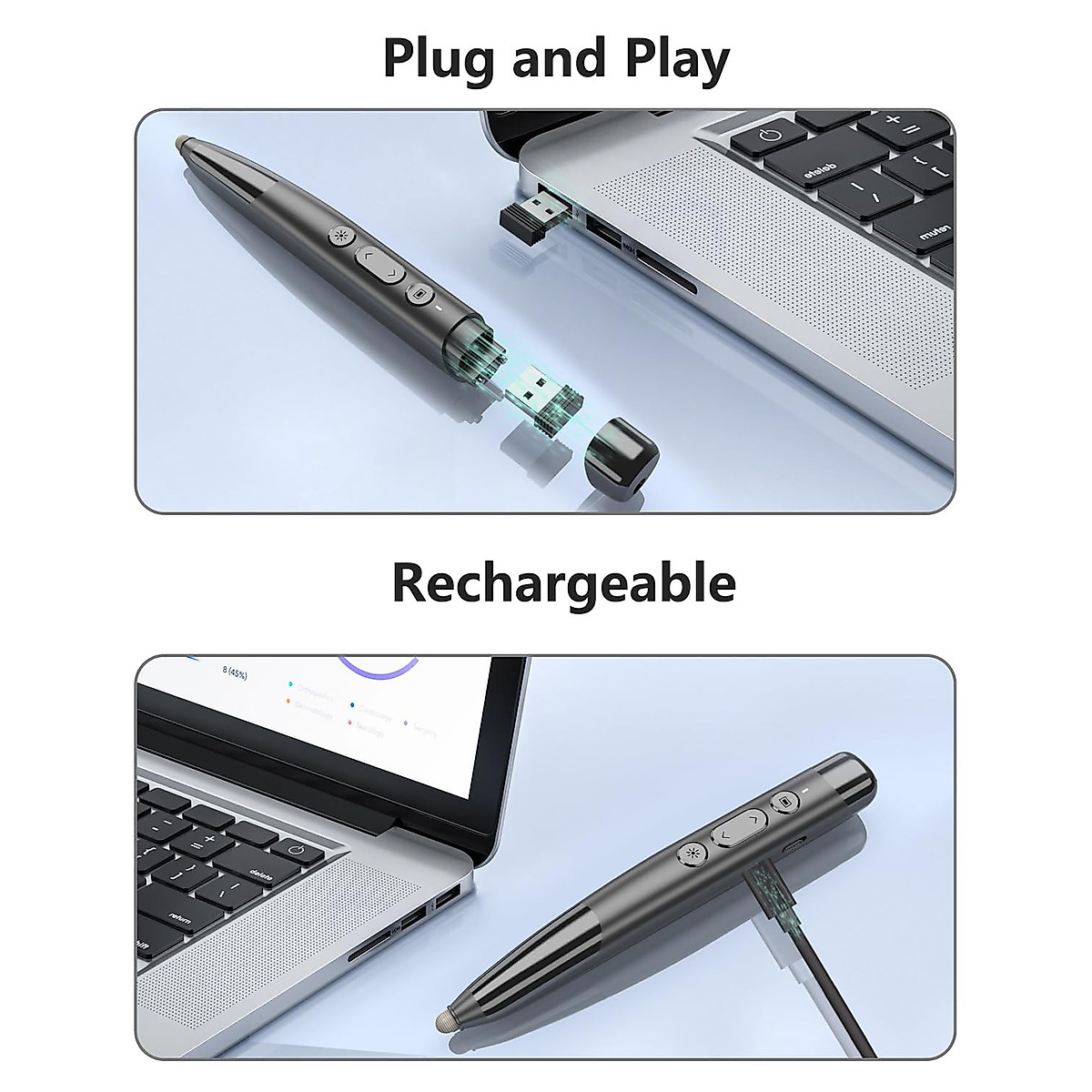 Miritz 4-in-1 Wireless Presenter Clicker with Telescopic Pointer, Presentation Clicker, Stylus Pen - USB Dongle Plug and Play, Rechargeable - Compatible with Smart Board, PC, Laptop, Mac