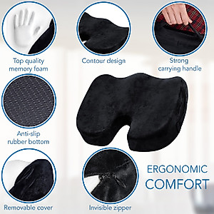 TheComfortZone Seat Cushion for Office Chair Memory Foam Coccyx Cushion Butt Pillow for Sciatica Tailbone & Back Pain Relief Long Sitting Office Desk Gaming Chair Car Seat Cushion Driving-Black