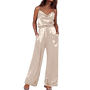 Ekouaer Pajamas for Women Silk Cowl Neck Cami Top Wide Leg Long Pants Set Satin Pjs Sleepwear 2 Piece Lounge Set Champagne,Large