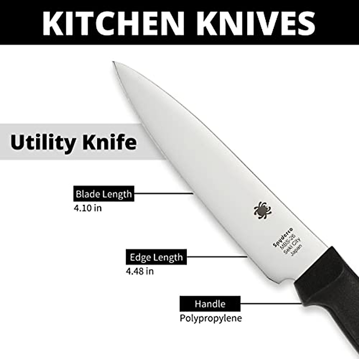 Spyderco Lightweight Kitchen Utility Knife with 4.5" MBS-26 Stainless Steel Blade and Black Polypropylene Plastic Handle - PlainEdge - K05PBK