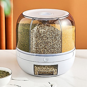 Grain Dispenser, Rice Storage Container Large Capacity, 6 Grid 360° Rotating Sealed Grain Food Storage Box Rice Bucket Dry Food Fruit Box for Kitchen(11lb)