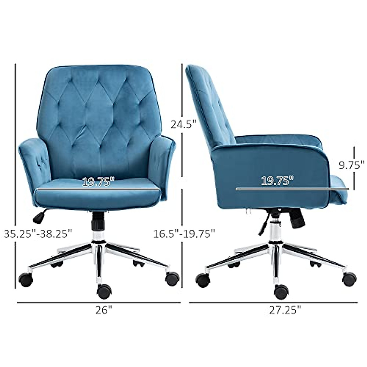Vinsetto Modern Mid-Back Tufted Velvet Home Office Desk Chair with Adjustable Height, Swivel Adjustable Task Chair with Padded Armrests, Blue