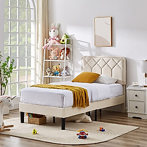 VECELO Twin Size Bed Frame Premium Leather Upholstered Platform with Height Adjustable Headboard/Mattress Foundation, Solid Wooden Slat Support, No Box Spring Needed/Easy Assembly