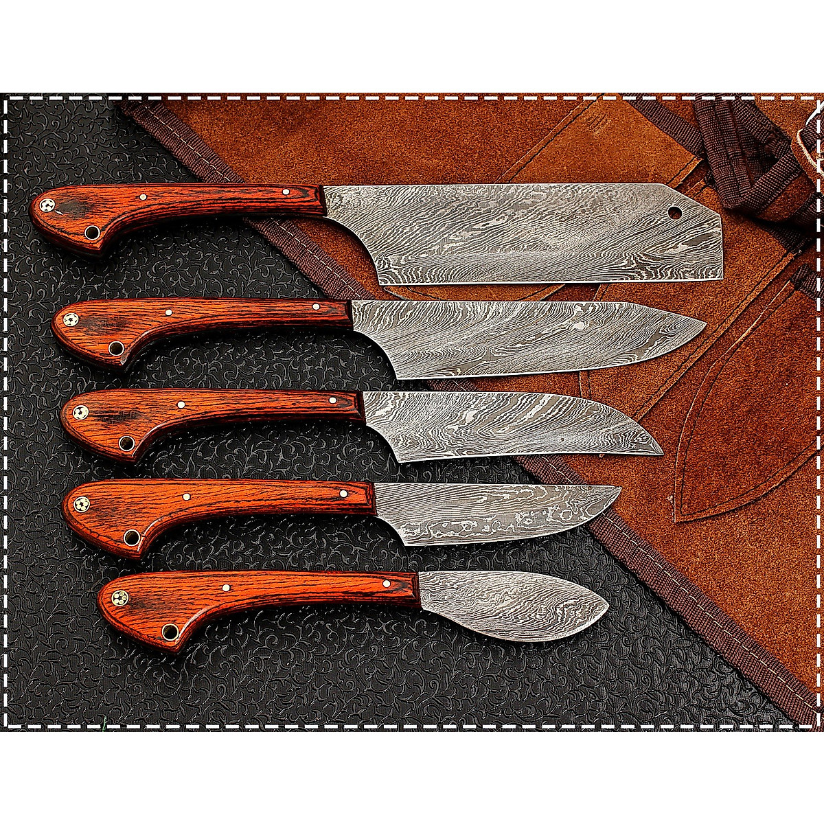 1033 Custom Made Damascus Steel 5 pcs Professional Kitchen Chef Knife Set with 5 Pocket Case Chef Knife Roll Bag by GladiatorsGuild (Red)