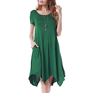 Invug Women Casual Loose Soft Crewneck Short Sleeve Pockets Swing T-Shirt Zigzag Hem Dress Dark Green S