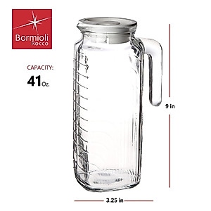 Bormioli Rocco Gelo Set of 2 Glass pitchers, 33.75 Jug with Lid, Carafe for Homemade Juice, Iced Tea, Milk, Cold Brew Coffee, Lemonade, dishwasher safe made in italy (White and Red)