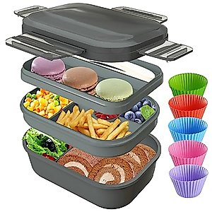 CocoMeiwei Bento Box Adult Lunch Box, Bento Lunch Box with 5 Silicone Cupcake Liners, Leak-proof Bento Lunch Box Containers 3 Tiers 50oz, 6compartments Large Capacity for Working Grey