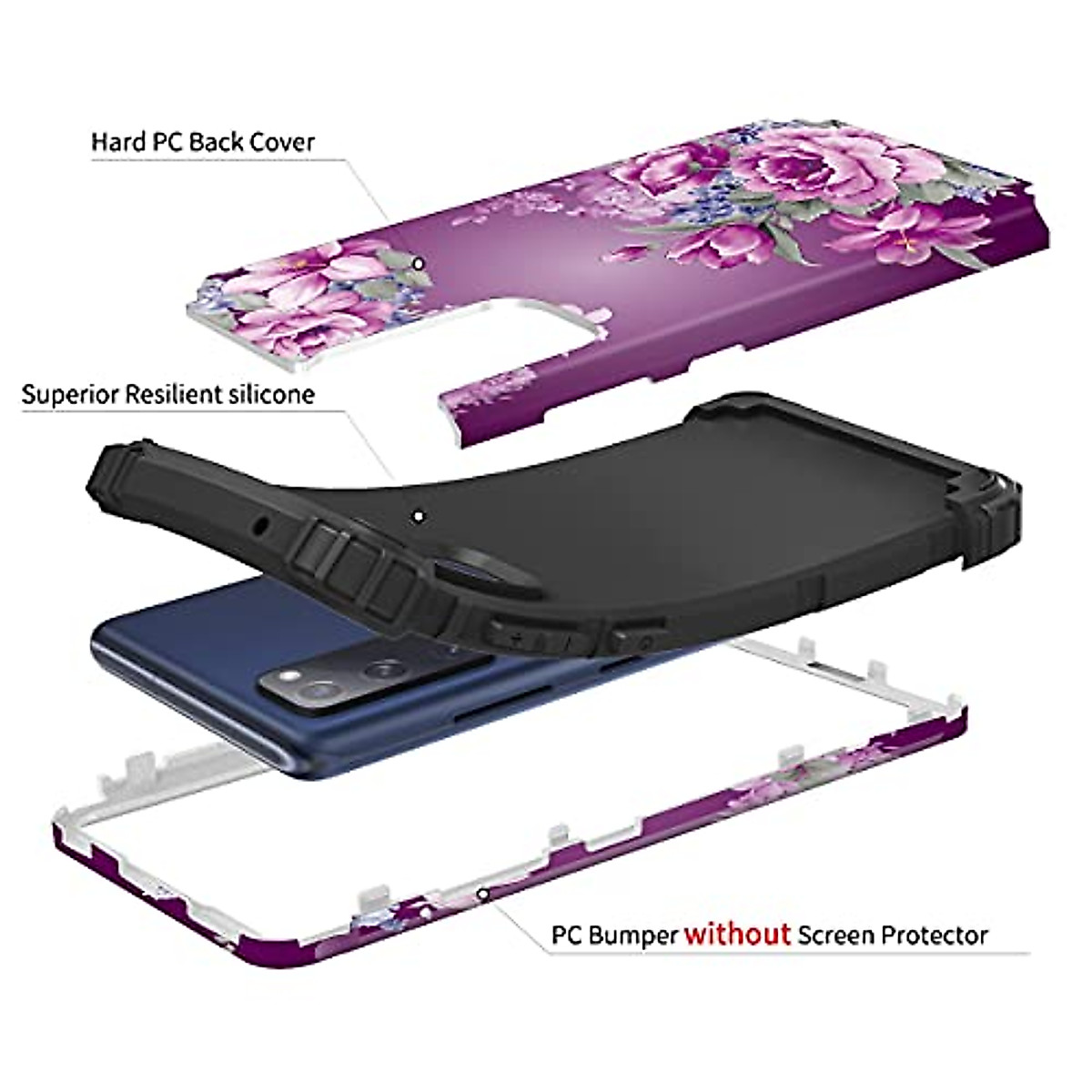 LONTECT for Galaxy S20 FE 5G Case Floral Shockproof Heavy Duty 3 in 1 Hybrid Sturdy Rugged Durable Protective Cover Girls Women Case for Samsung Galaxy S20 FE 5G 6.5 inch,Purple Flower/Black
