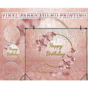 Rose Gold Happy Birthday Backdrop Pink Rose Gold Floral Balloon Rose Gold Bokeh Photography Background Women Sweet Princess Girl 16th 30th Birthday Party Dessert Cake Table Decor Props 7x5FT