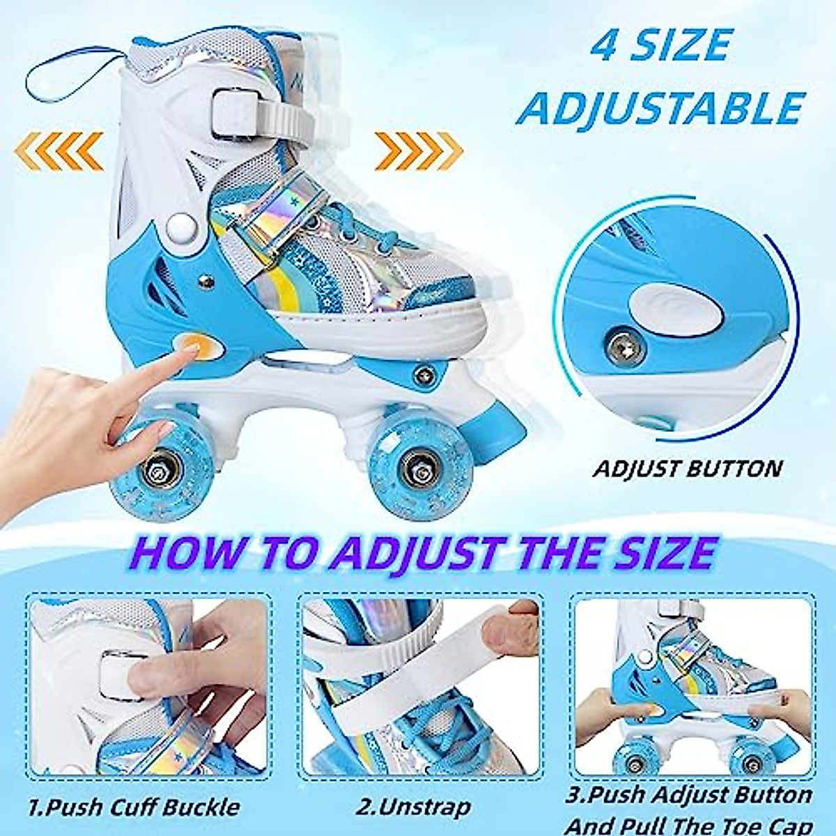 Nattork Girls Roller Skates for Kids Toddler, 4 Size Adjustable Rainbow Quad Skates with Light up 8 Wheels,Gift for Boys Kids Beginners Indoor Outdoor Blue S