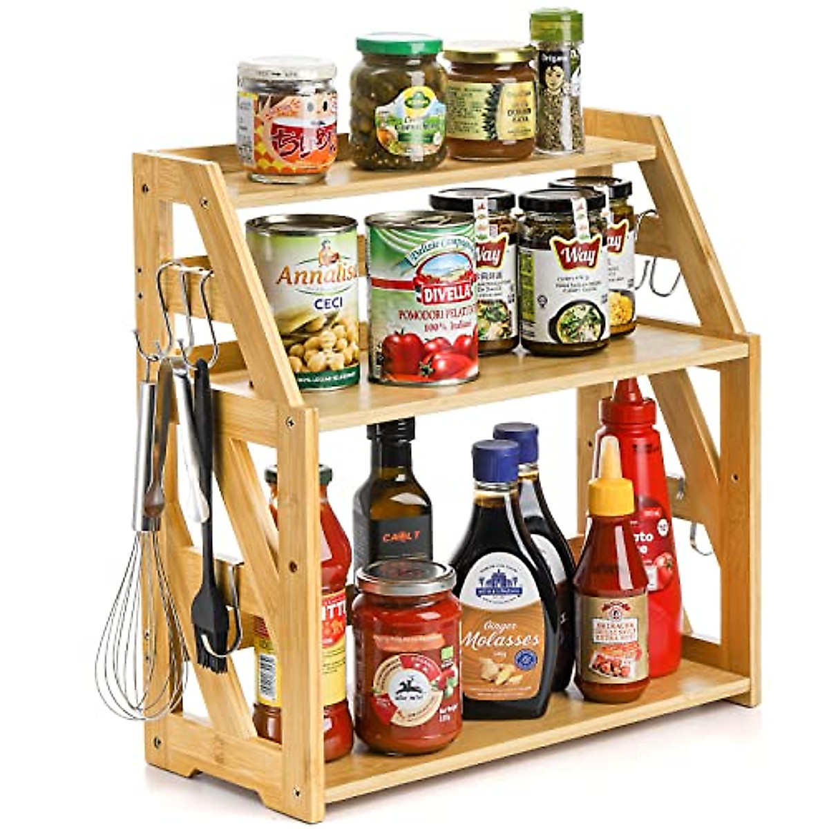 Bekith 3 Tier Bamboo Spice Rack Storage Shelves, Kitchen Countertop Organizer with Hooks, Standing Pantry Shelf, Adjustable Vanity Shelf Desk Bookshelf for Bedroom, Bathroom & Office