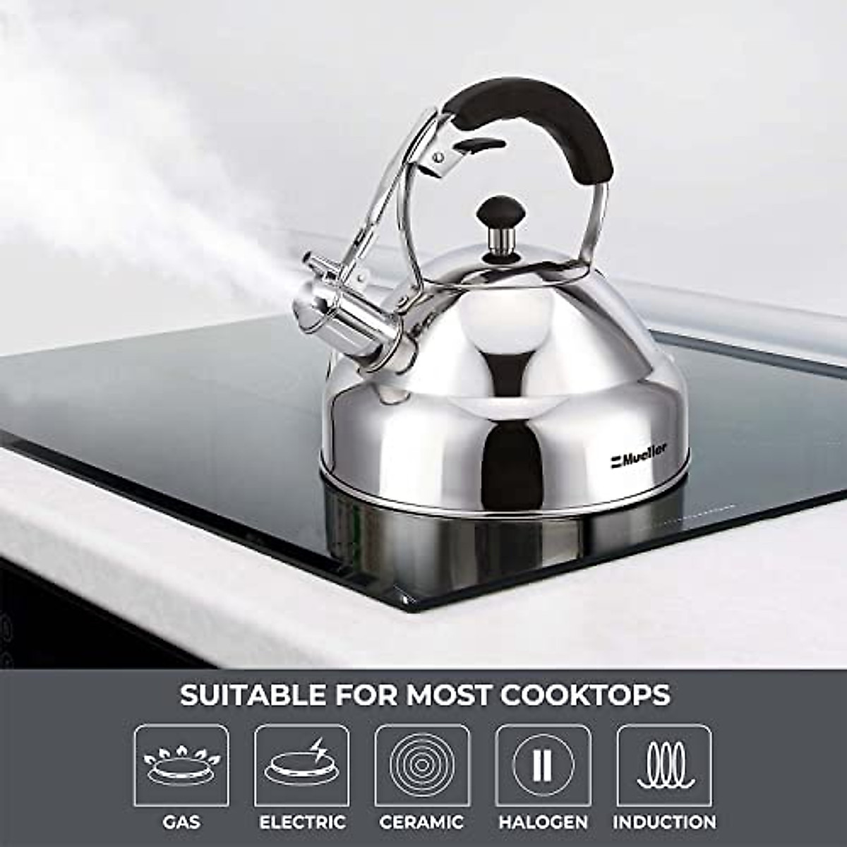 Stove Top Whistling Tea Kettle - Only Culinary Grade Stainless Steel Teapot with Cool Touch Ergonomic Handle and Straight Pour Spout - Tea Maker Infuser Strainer Included