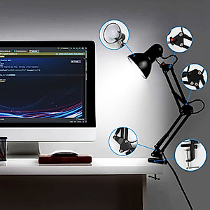 Desk Lamp,Swing Arm Desk Lamp with Clamp,Eye-Caring Reading Light,LED Bulb,79 Inch Cord,for Reading,Craft,Home,Office (Black)